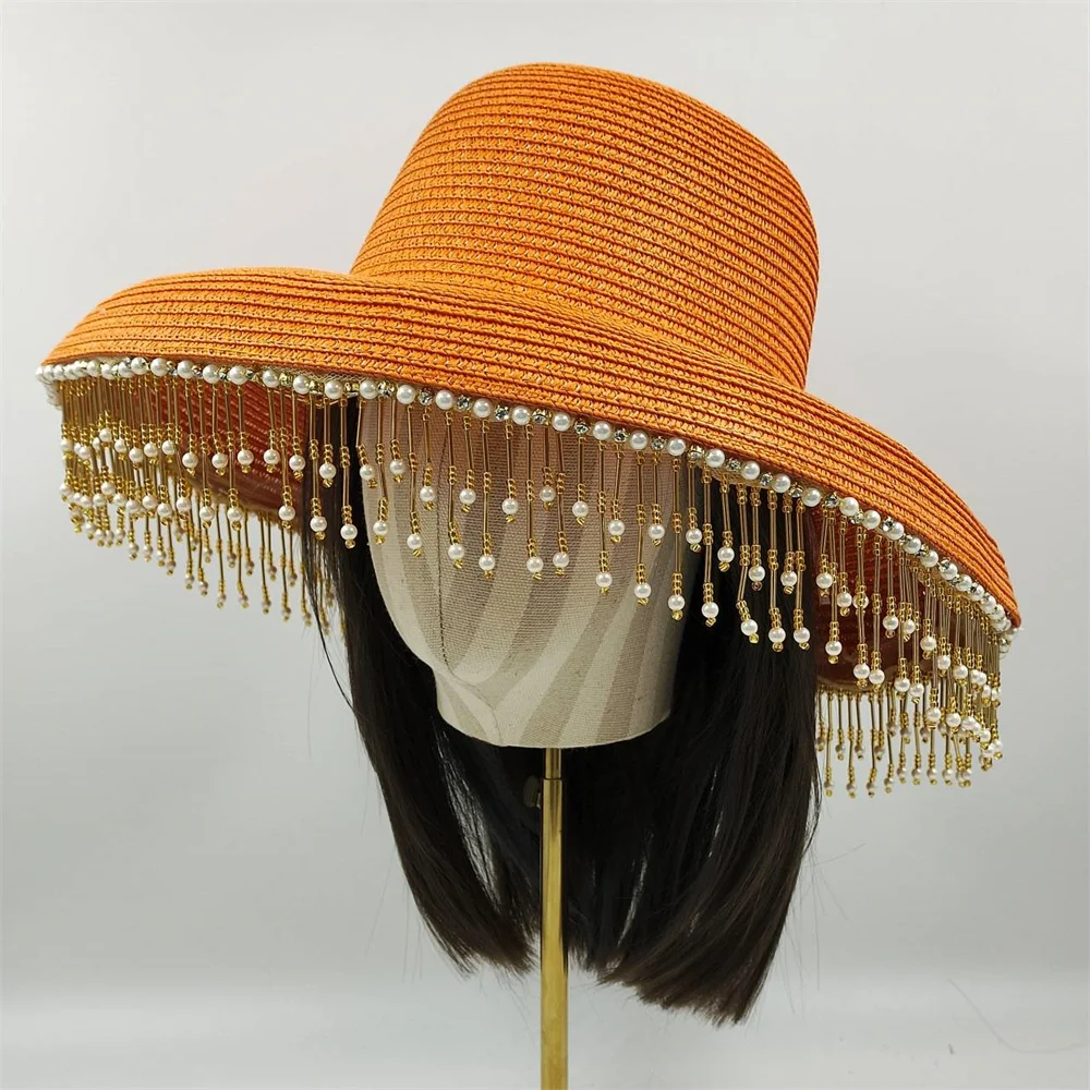 New-Orange-Women-s-Sun-Hat-Homemade-Fashion-Hepburn-Fringe-Pearl-Straw ...