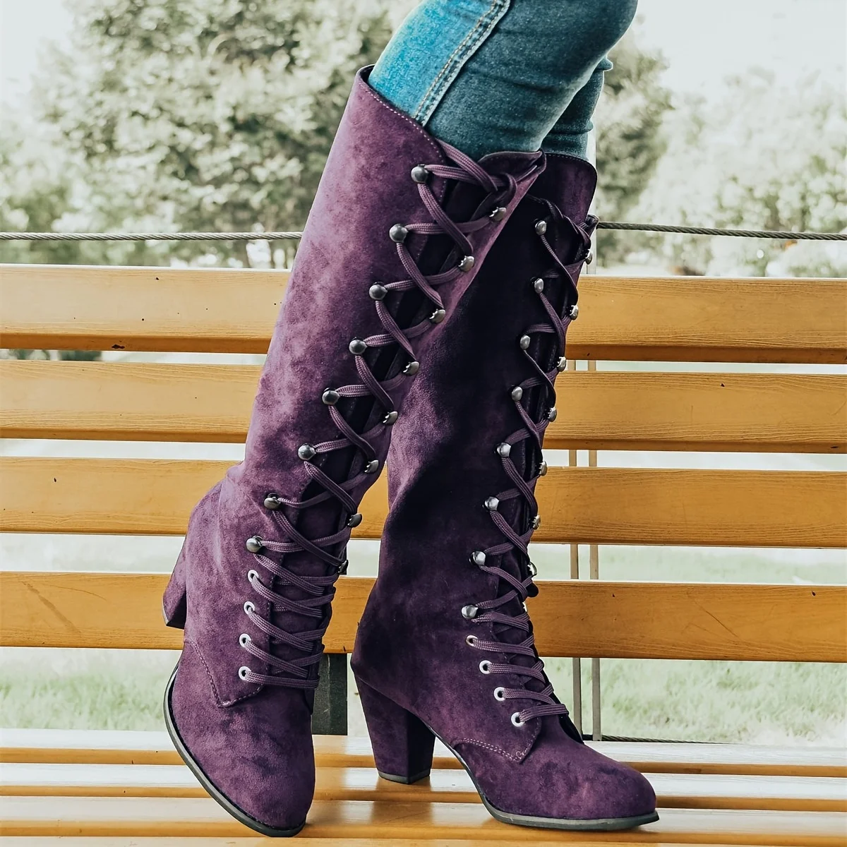 Women-s-Chunky-Heeled-Long-Boots-Retro-Solid-Color-Lace-Up-Knee-High ...