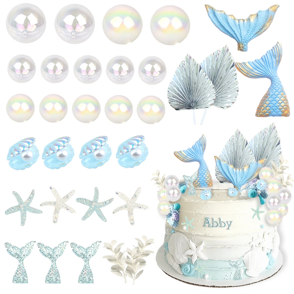 1 Set Glitter Blue Mermaid Cake Decoration Seashell Starfish Cake ...