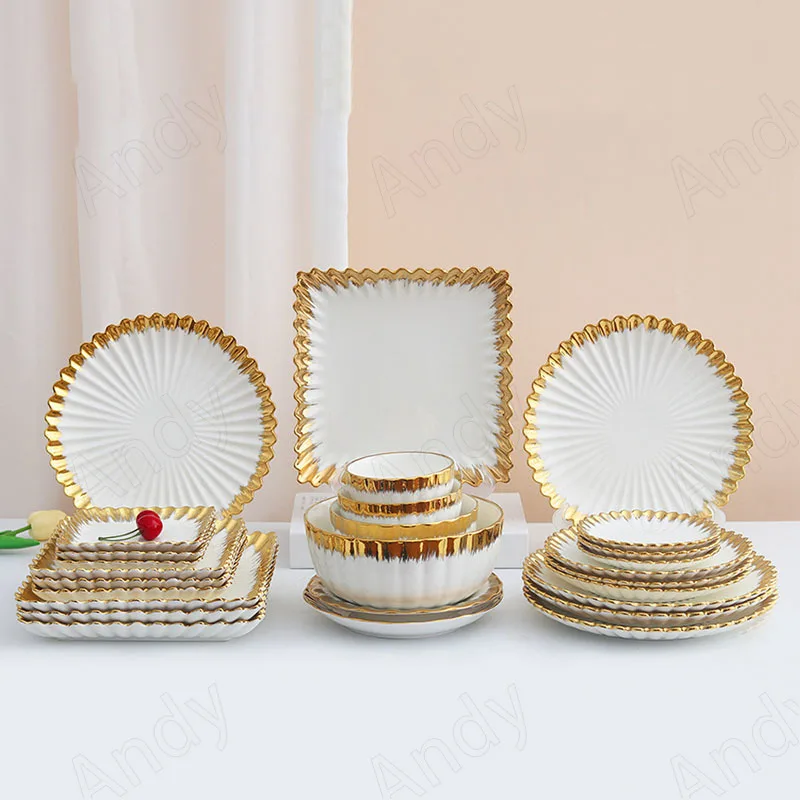 Gold Plated Ceramic Plate Sets Handmade Flower Lace Living Room Dinner ...