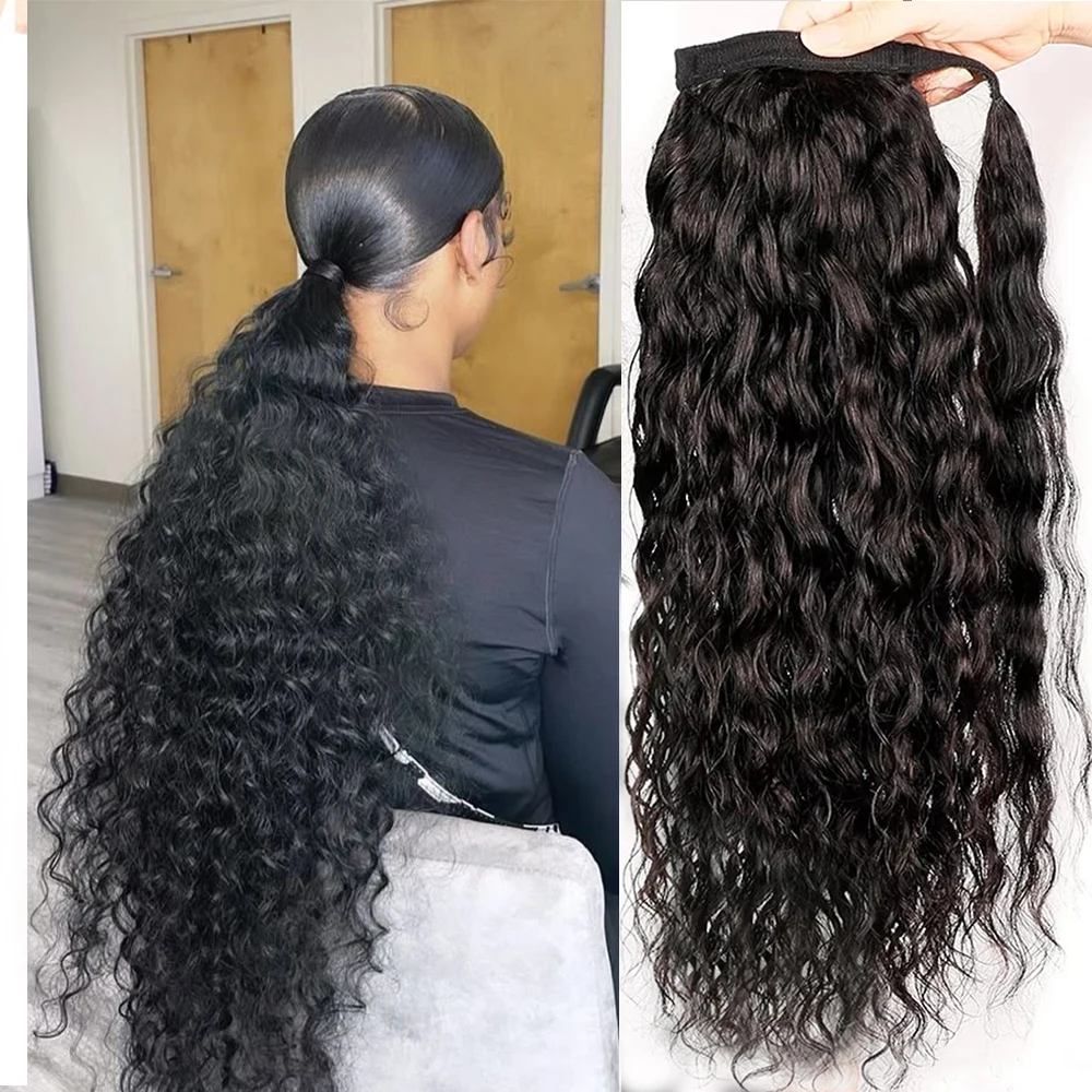 Water Wave Ponytail Extensions Human Hair Wrap Around Corn Wave Pony ...