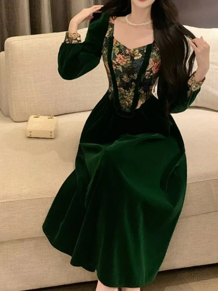 Women Green Velvet Long Sleeve Party Dress Female Vintage Floral ...