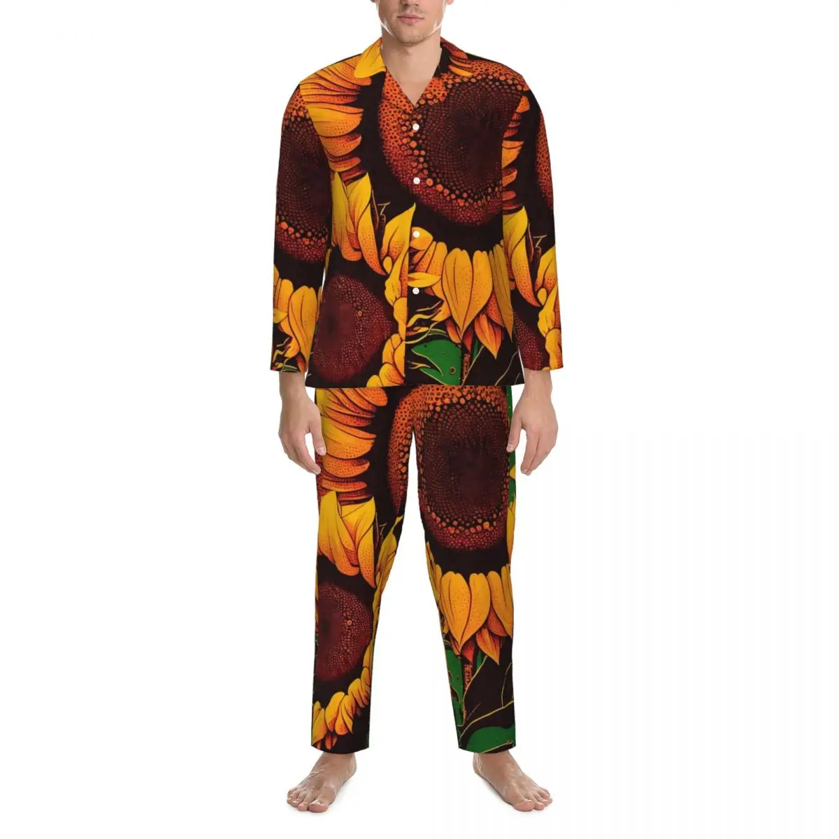 Pajamas-Male-Sunflower-Print-Room-Nightwear-Yellow-Flowers-2-Piece ...