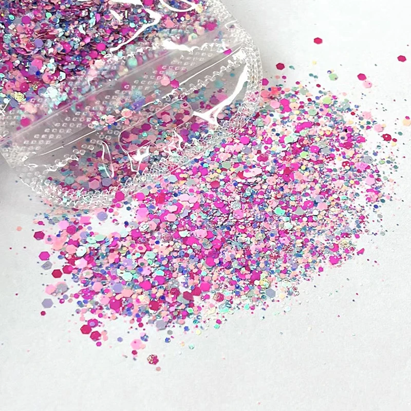 100g Bulk Pink Colorful Mixed Chunky Flake Hexagon Shape Nail Glitter ...