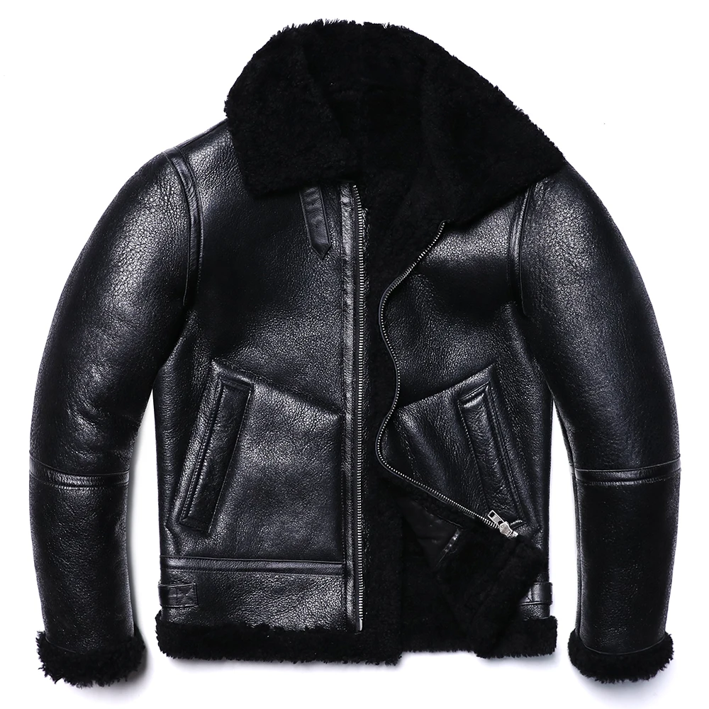 B2 Style Black Thick Sheep Shearling Wool Leather Jacket Original ...