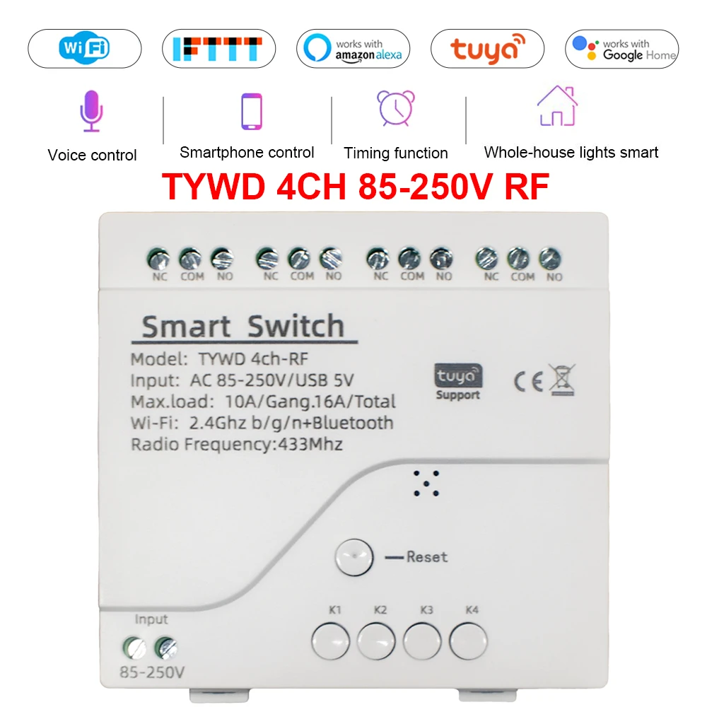 4CH RF Smart Switch AC85 250V WIFI Tuya Remote Control 433 Light Switch ...