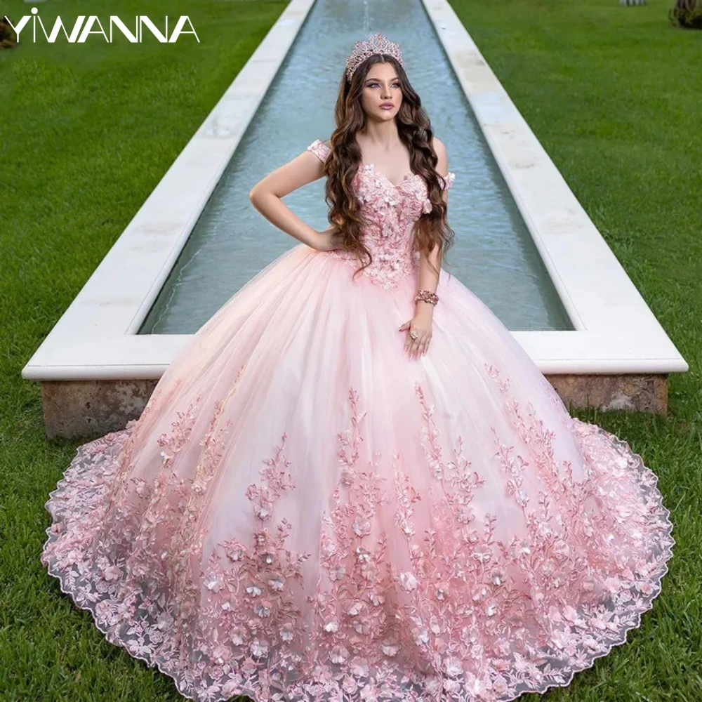 Pink-Appliques-3D-Flower-Quinceanrra-Prom-Dresses-Cute-Sweetheart-Neck ...
