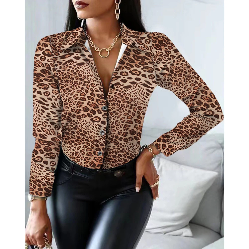 Chemise,Chemisier imprimé à manches longues pour femmes, col rabattu ...
