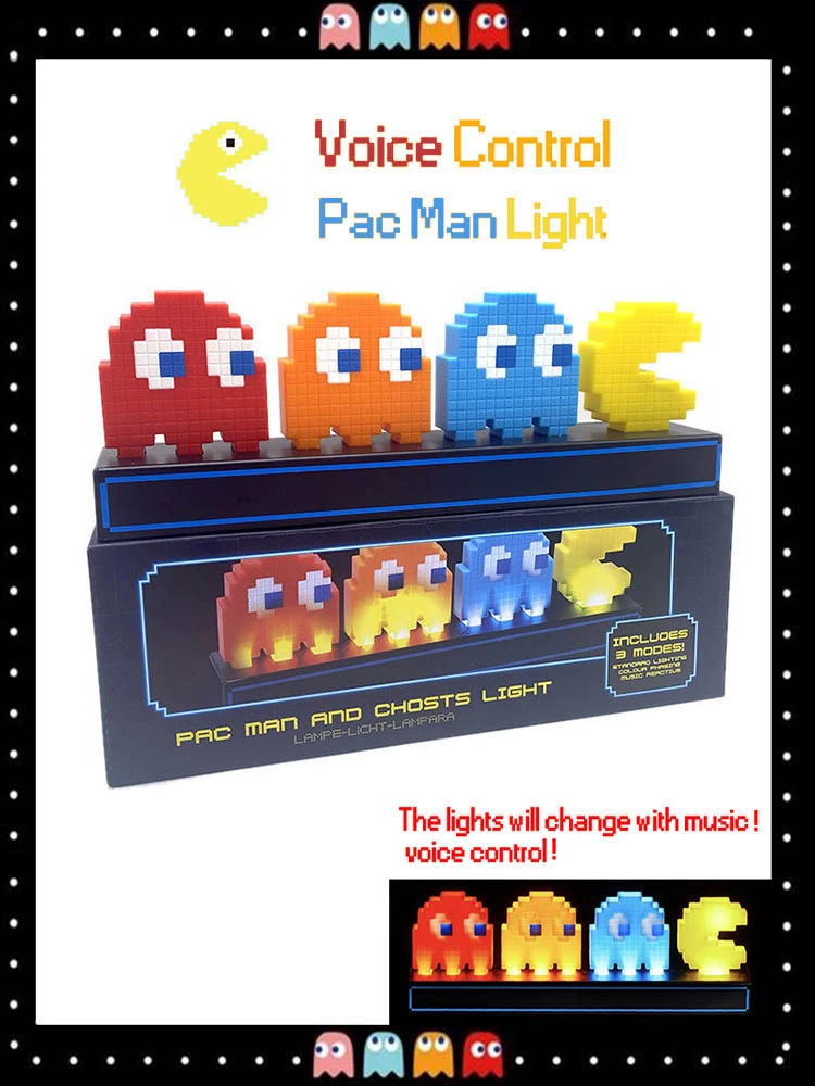 LED Pac Man Pixel Night Light Voice Control USB Powered Game Icon ...