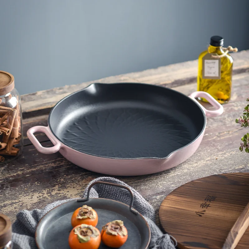 32cm Enameled Cast Iron Frying Pan with Double Handle Round Cast Iron ...