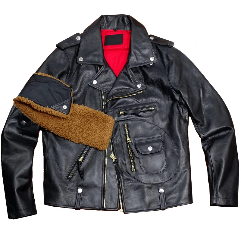 Leather Jacket for Men Cowhide Slim Warm Thick Mouton Collar Detachable ...