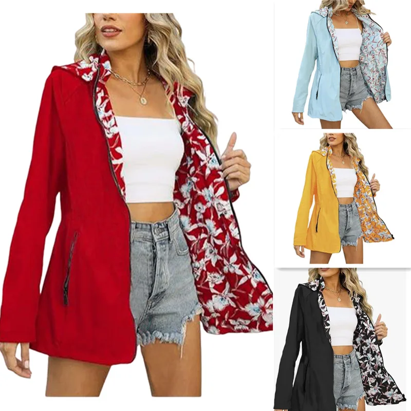 Autumn-Winter-Women-s-Coat-Floral-Print-Zipper-Windbreaker-Double-Sided ...