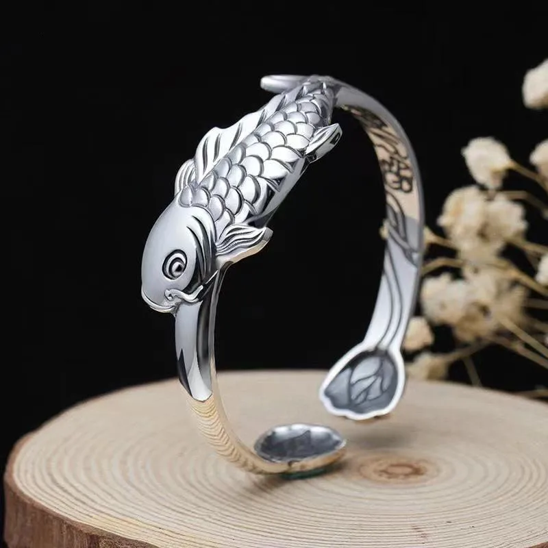 Silver-Plated-Ethnic-Style-Retro-Koi-Fish-Lotus-Bangles-Women-s-Cuff ...