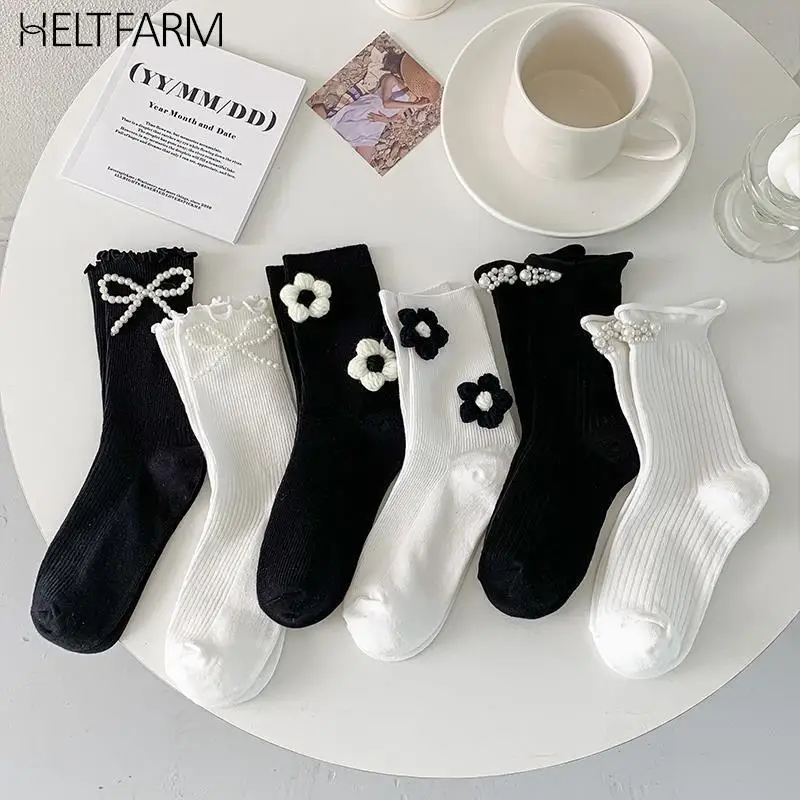 Women-Cotton-Socks-Ruffles-Pearl-Bow-Mid-Tube-Sock-JK-Lolita-Socks ...