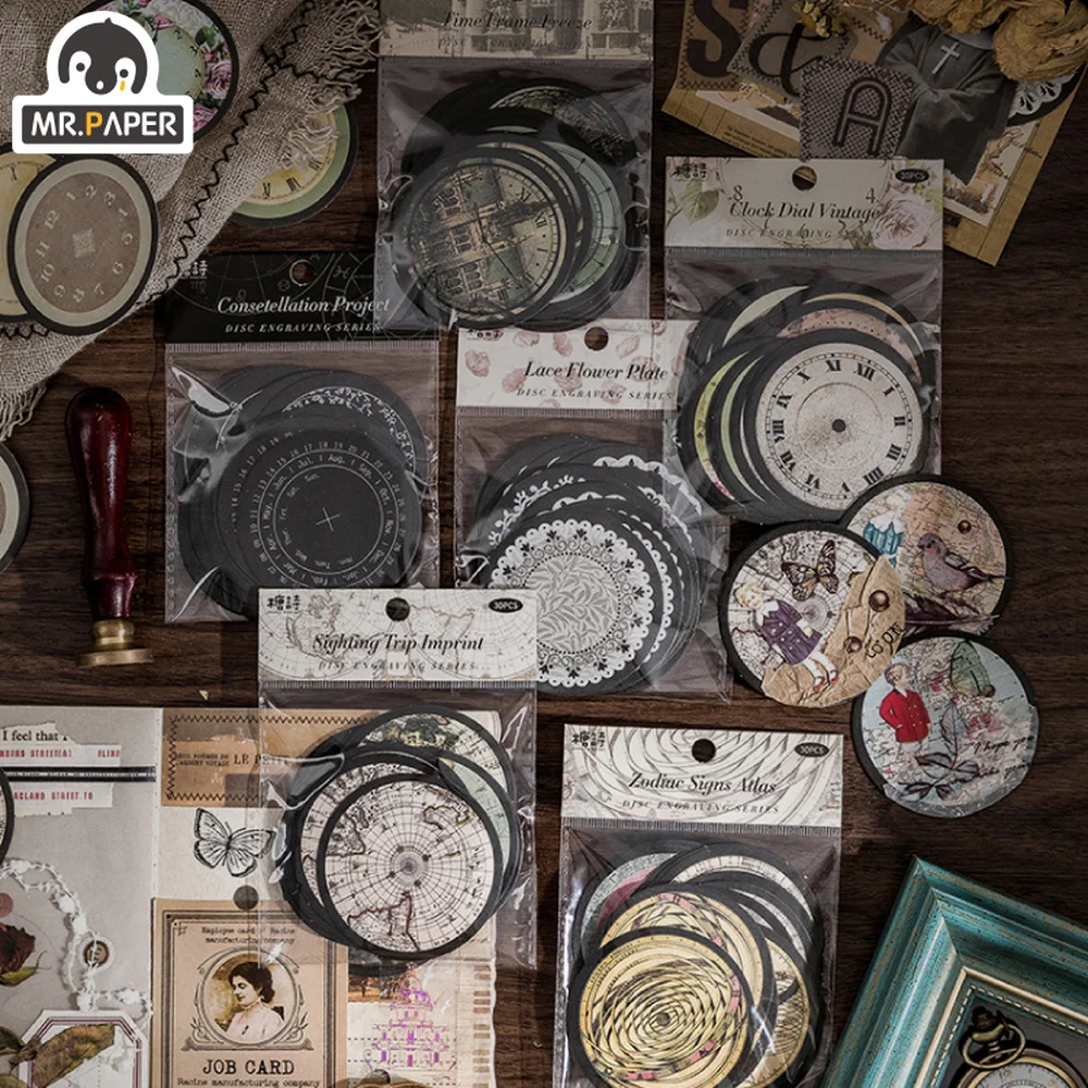 Mr-paper-6-Styles-30Pcs-Bag-Vintage-Disc-Clock-Sticker-Literature ...