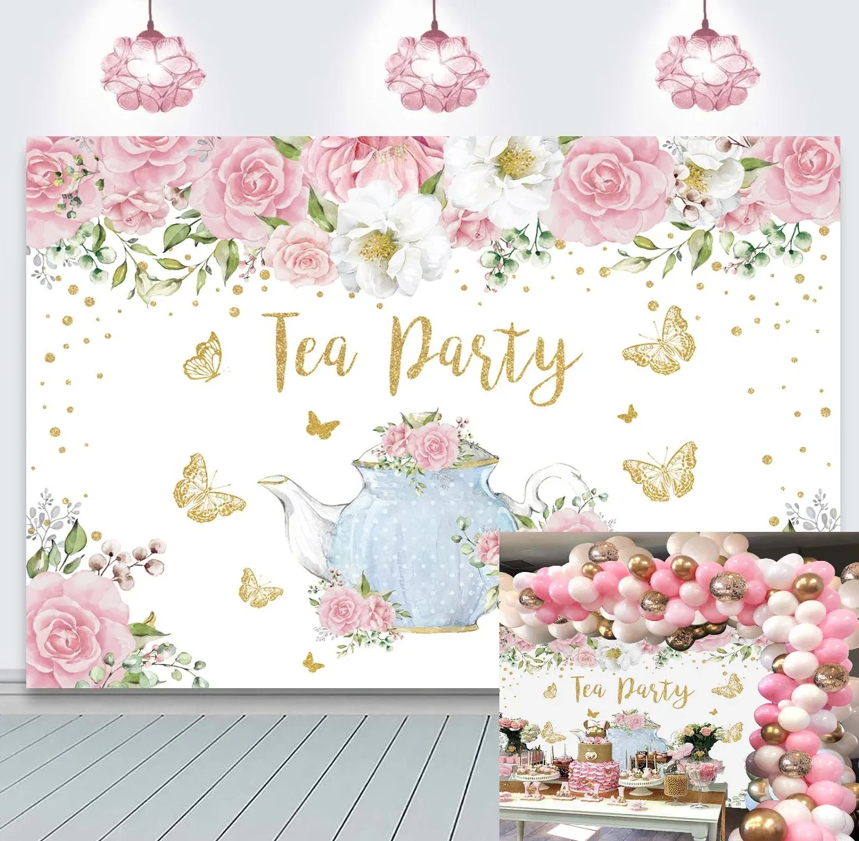 Tea-Party-Backdrop-Pink-Rose-Floral-Gold-Butterfly-Teapot-Let-s-Partea ...