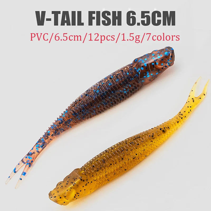 12 pcs 6.5cm Fishing Soft Lure V Tail PVC Bionic Fish 6.5cm Threaded ...