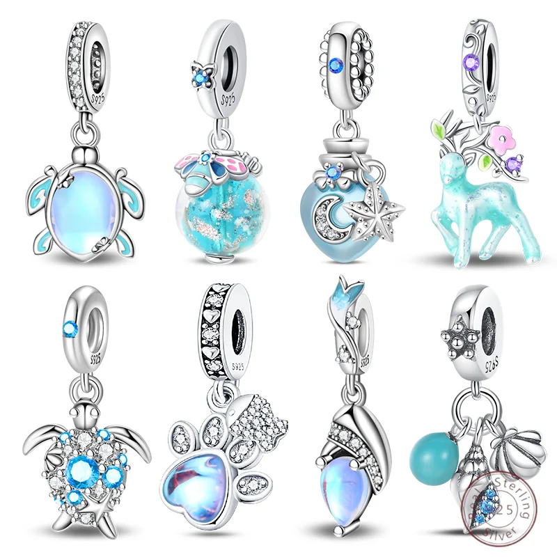 925 Sterling Silver Beaded Pendant Blue Zircon Ocean Shell Original 3mm ...