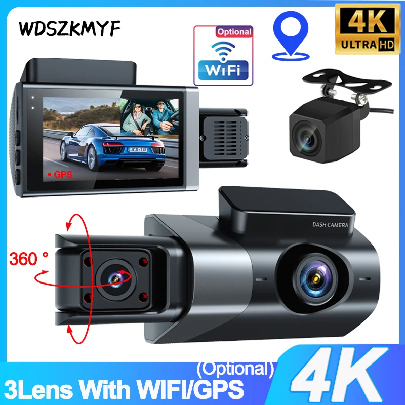 4K Front and Rear View Camera for Vehicle 3Lens Dash Cam for Cars GPS ...