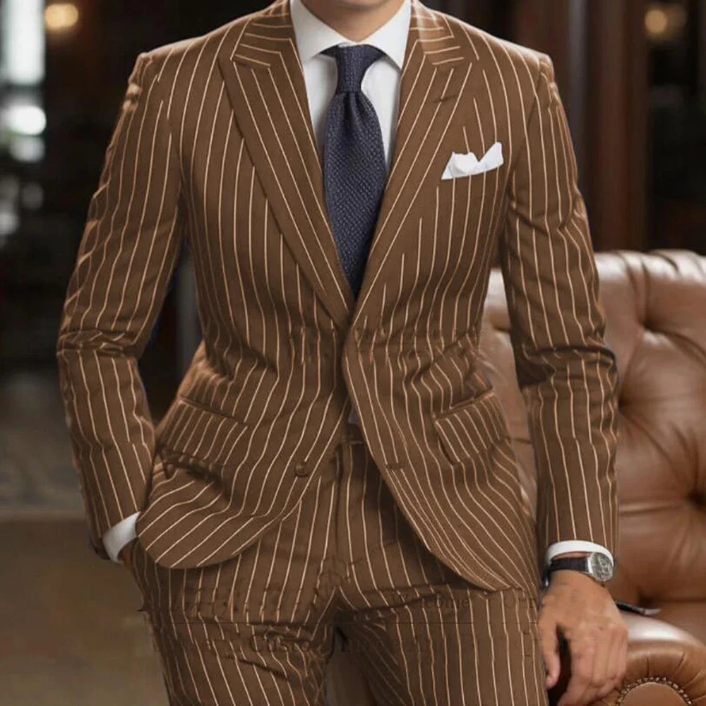 Classic Business Brown Striped Suits Men Single Breasted Jacket Pants 2 ...