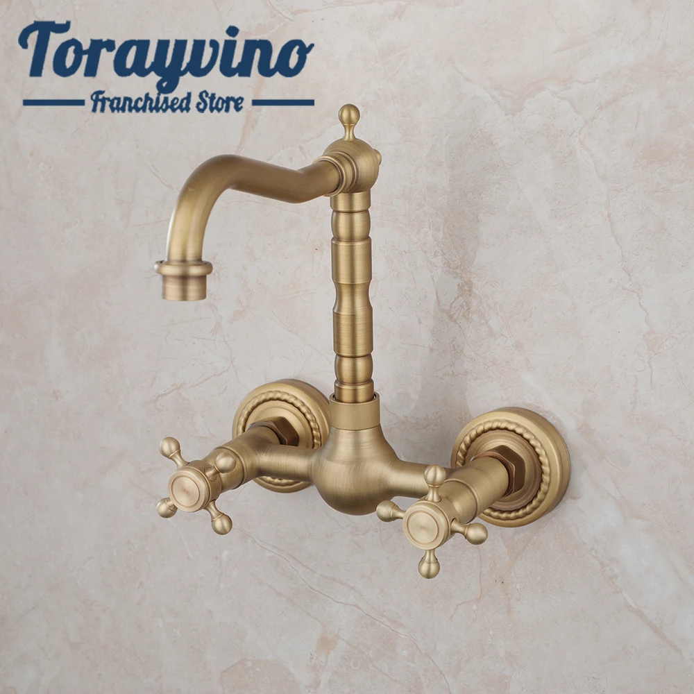 Torayvino-Wall-Mounted-Bathtub-Tap-Antique-Brass-Swivel-Spout-Dual ...