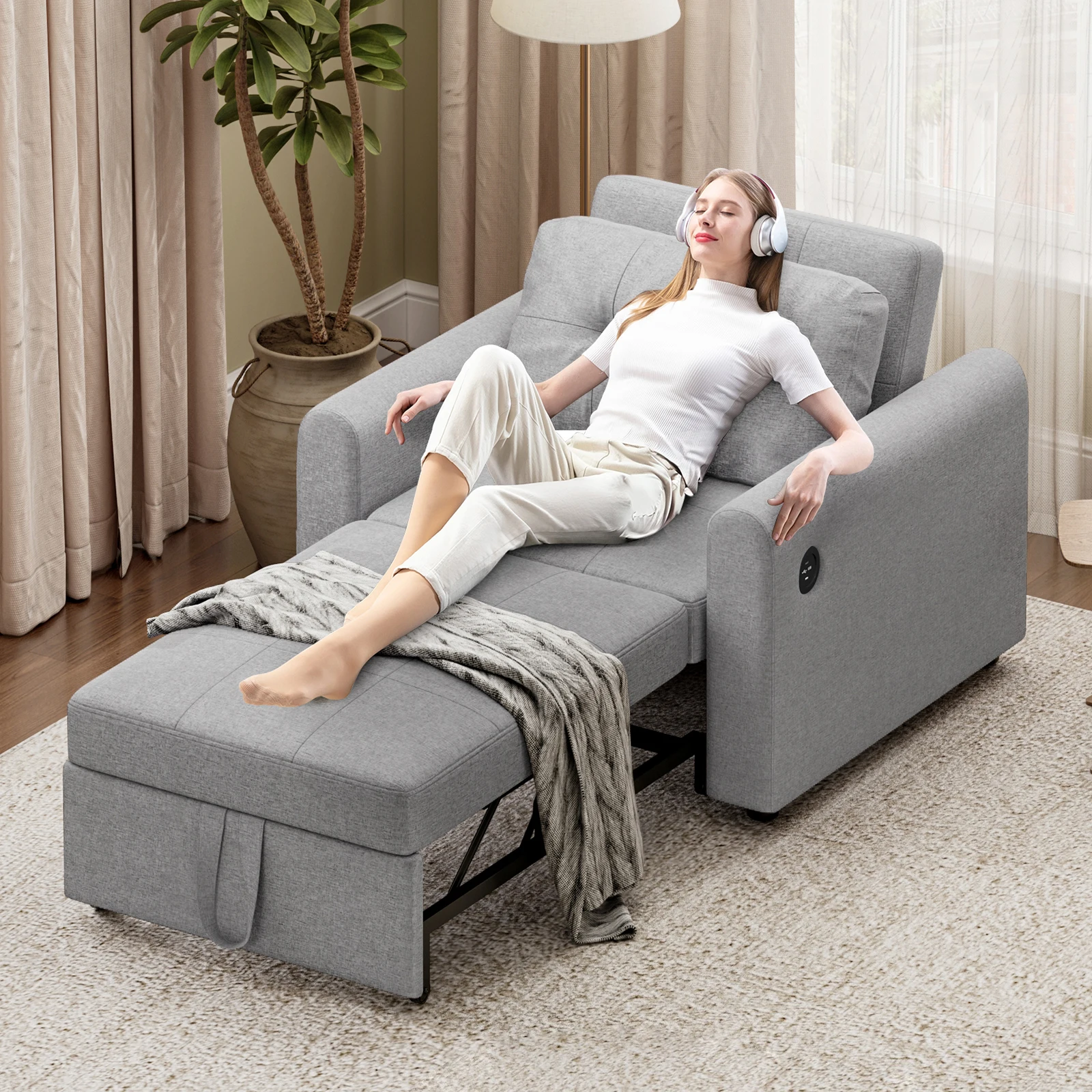 Sofa Bed, 3 in 1 Convertible Single Sofa Bed with USB & Type-C Ports ...