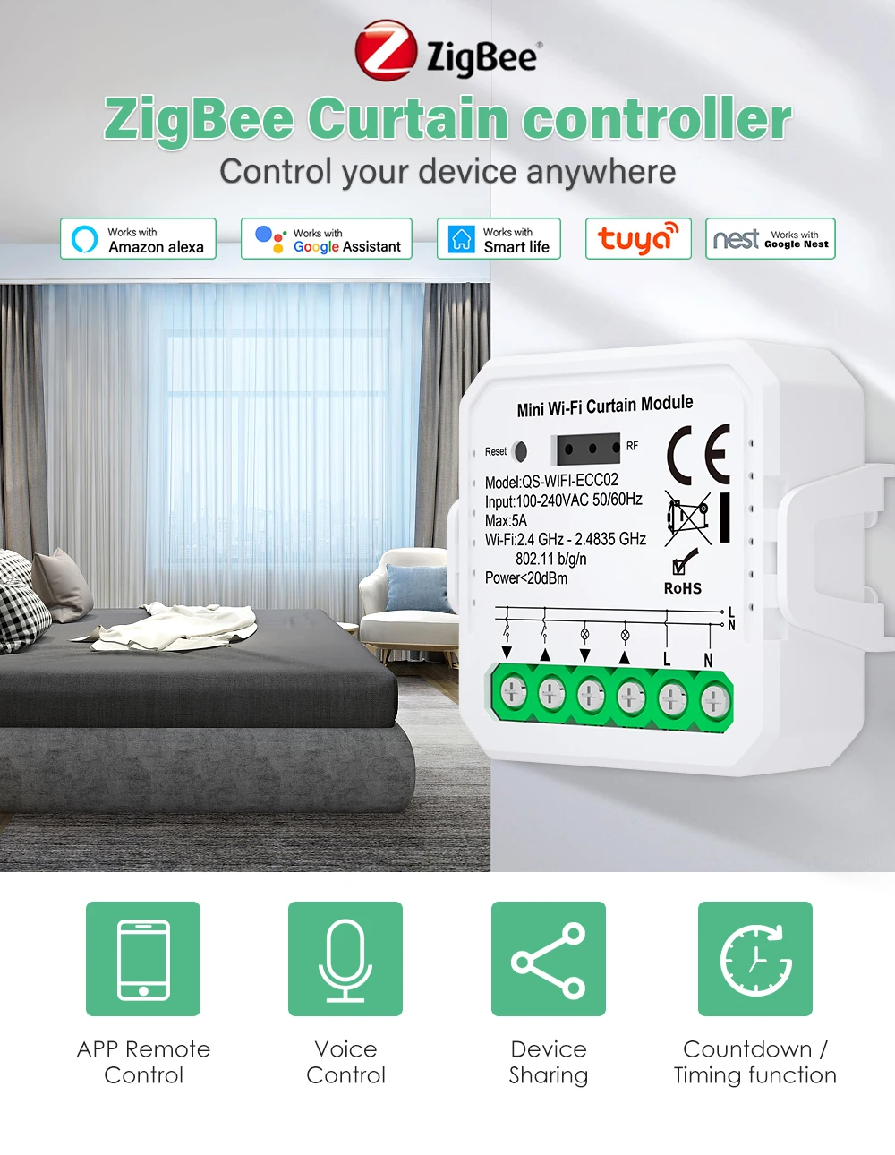 Tuya Wireless Wifi And Zigbee Curtain Switch Module For Roller Shutter ...