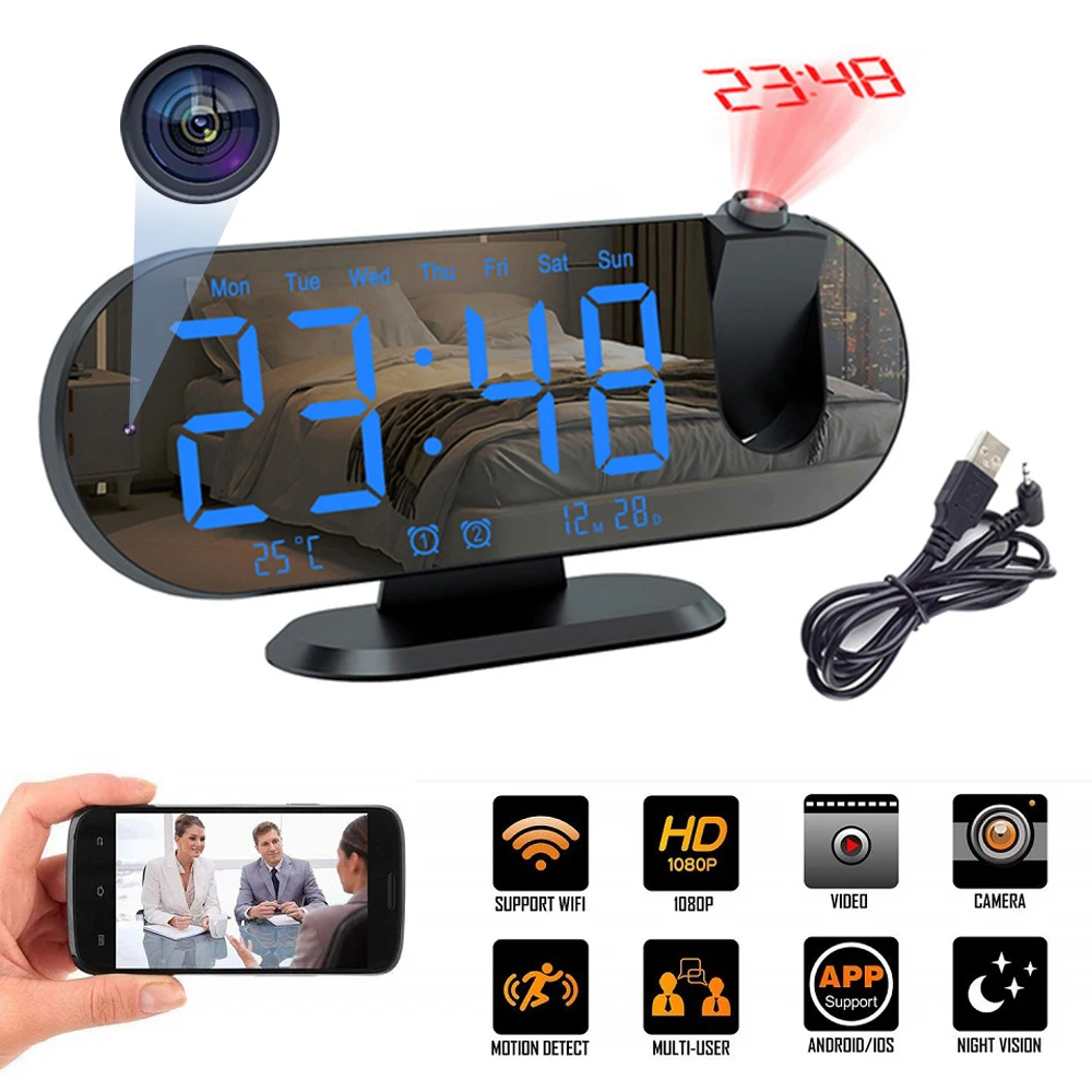 Digital Projection Alarm Clock Mini Camera Night Vision Motion ...