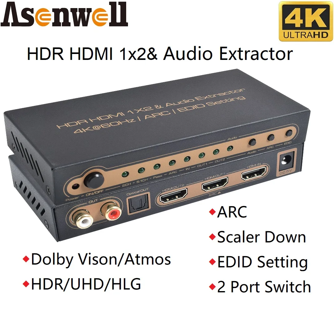 4K 60Hz HDMI Splitter 1 In 2 Out Audio Extractor ARC SPDIF RCA 2CH ...