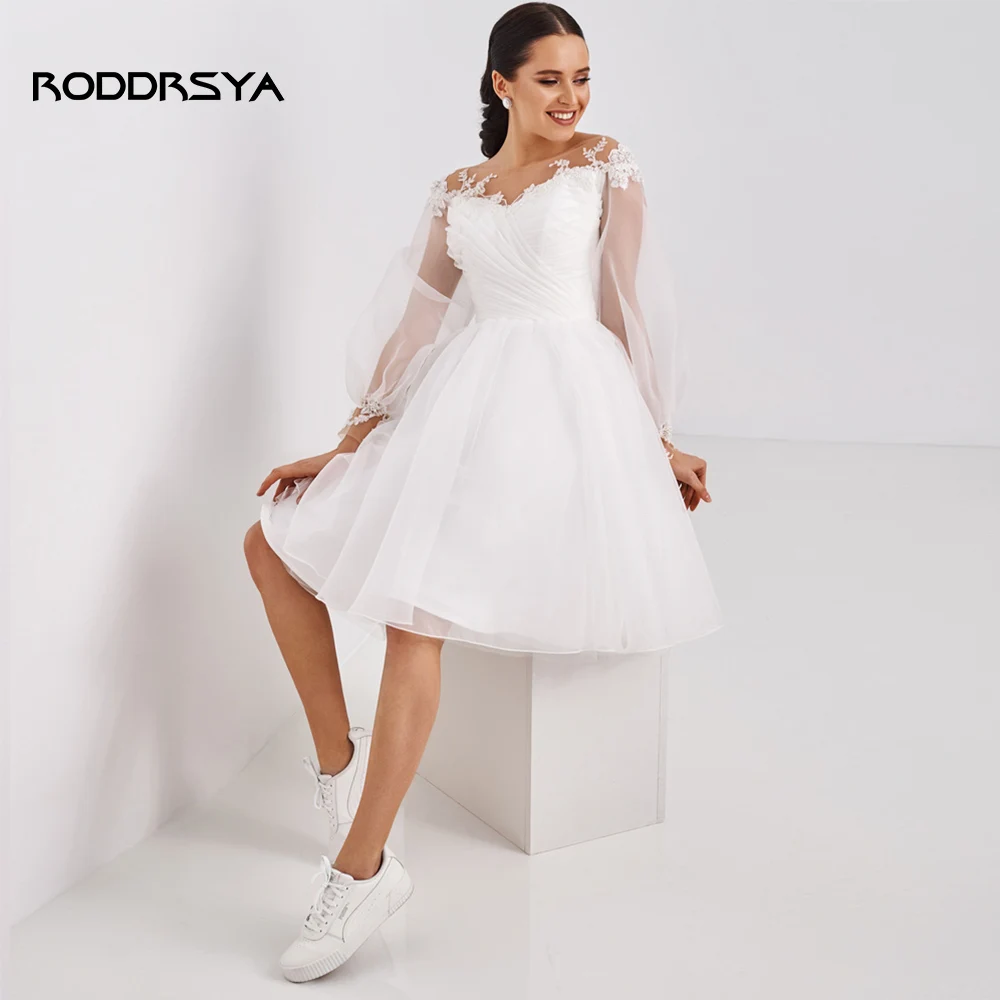 Roddrsya 특종 A 라인 짧은 웨딩 드레스 무릎 길이 긴 소매 레이스 신부 가운 작은 흰색 맞춤 제작 로브 드 마리에