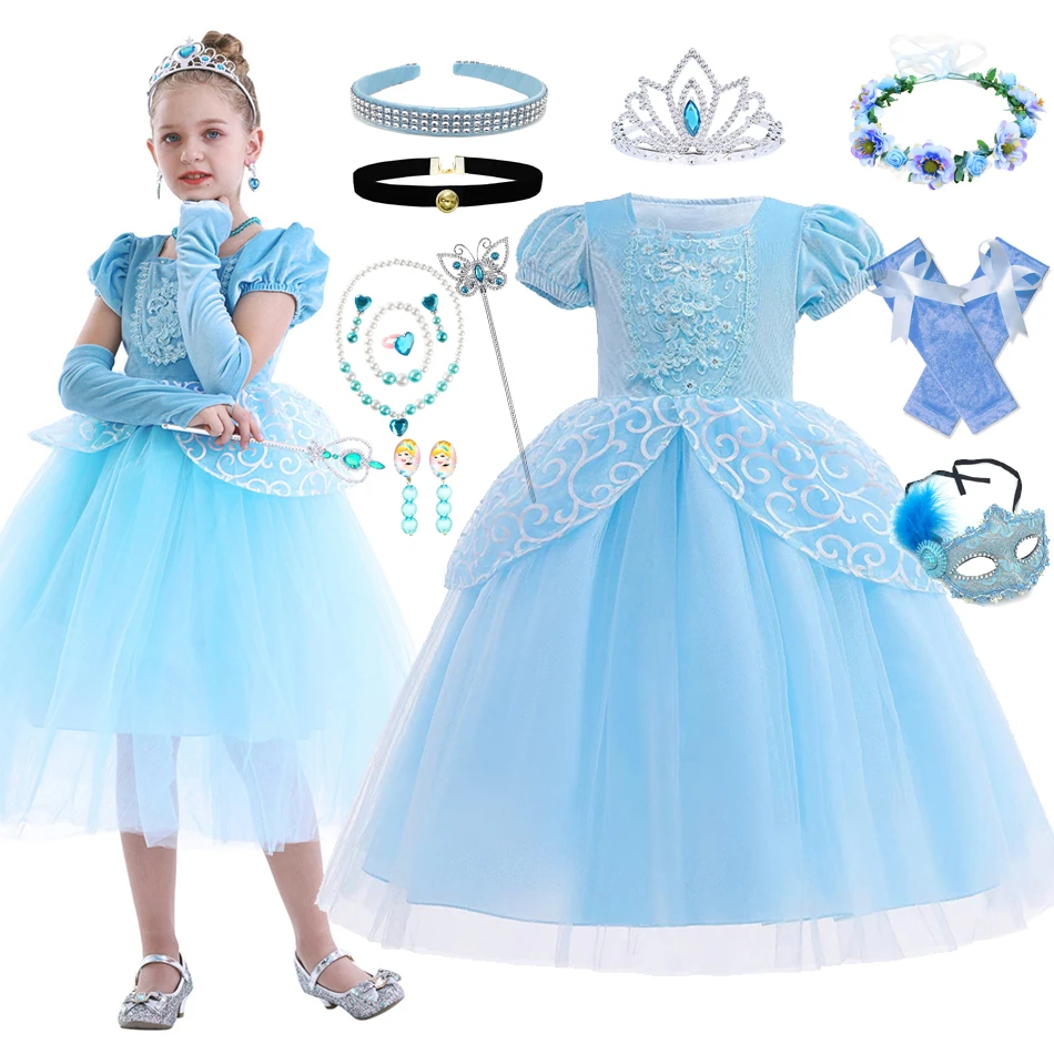 Princess Cinderella Dress Up Party for Girl Short Sleeve Fancy Costume ...