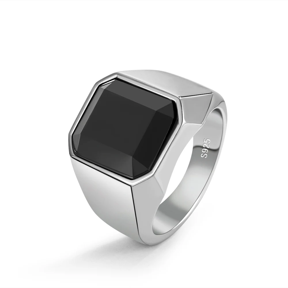 925 Sterling Silver Men Black Onyx Ring Square Circular Agate Signet Ring For Woman Index Finger ...