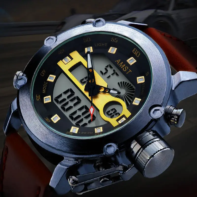 AMST Men's Quartz Watch Digital Analog LED Dual Display Military Army ...