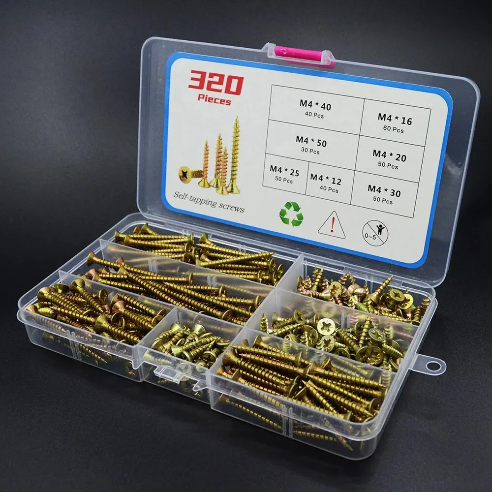 320pcsM4-Flat-Head-Wood-Screw-Assortment-Kit-Phillips-Drive-Countersunk ...