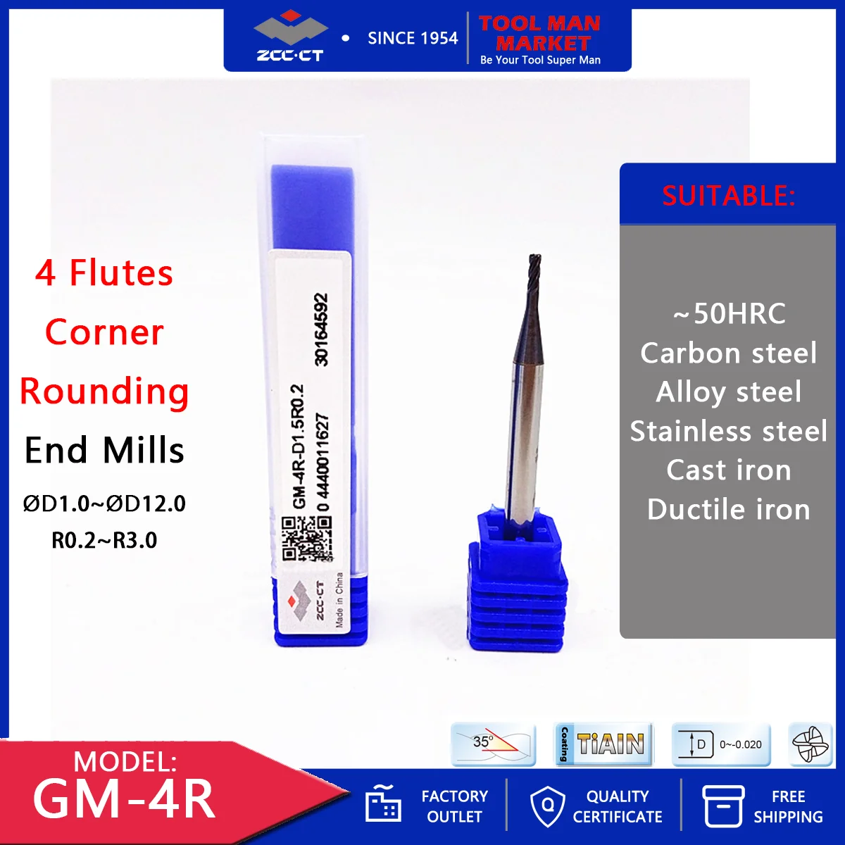 Zccct Gm-4r 10pcs Milling Cutter Tungsten Steel Tool Cnc Maching Hrc50 ...