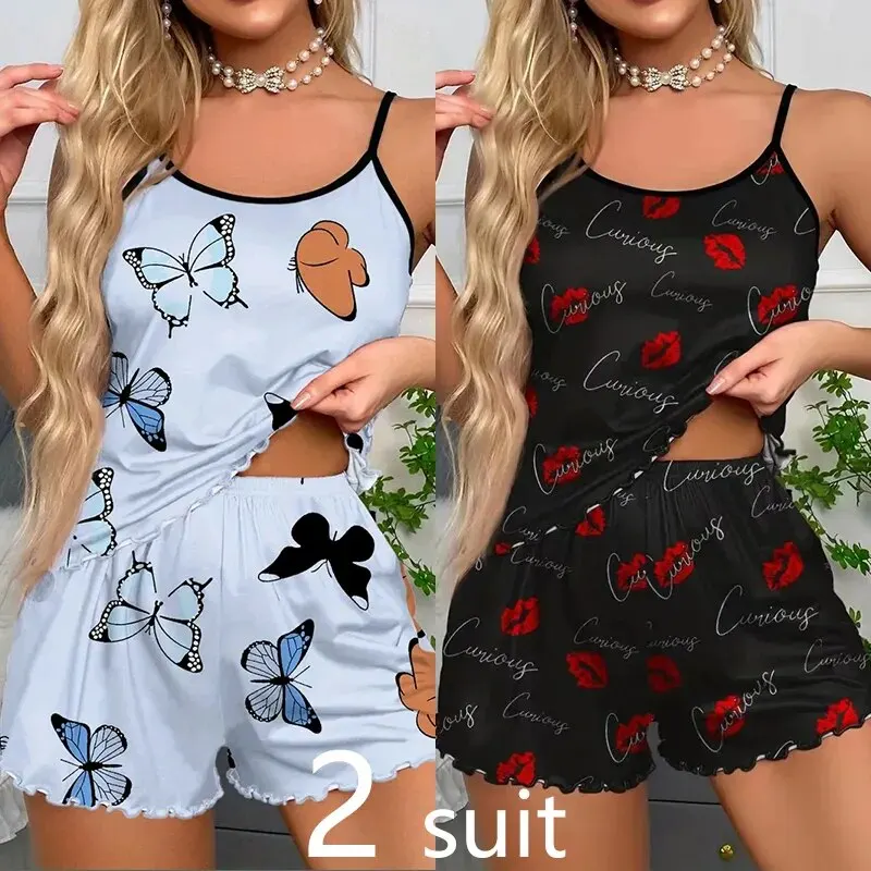 2-Suit-Women-Pajamas-Sleepwear-Pajama-Set-Camisole-Shorts-Blue-Black-S ...