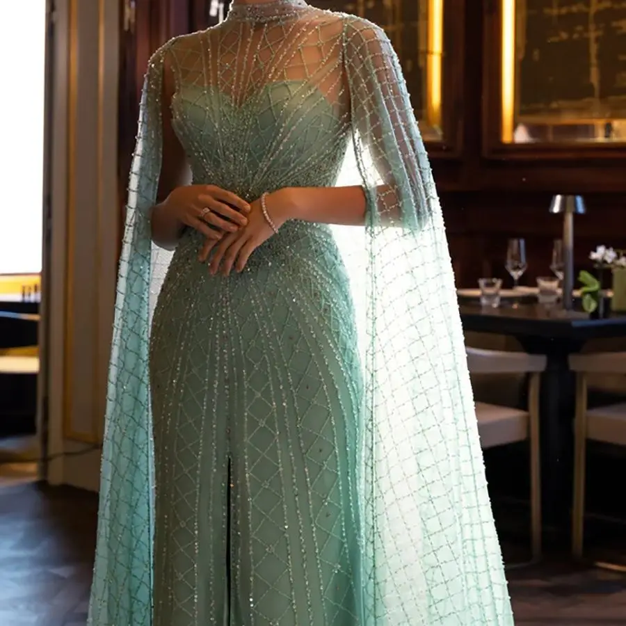 Nature-Green-High-Neck-Crystal-Respectable-Beading-Evening-Dresses ...