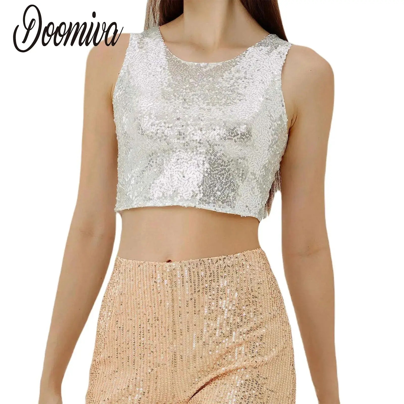 Womens-Glitter-Sequin-Cropped-Tank-Tops-Vest-Dance-Party-Shiny-Round ...