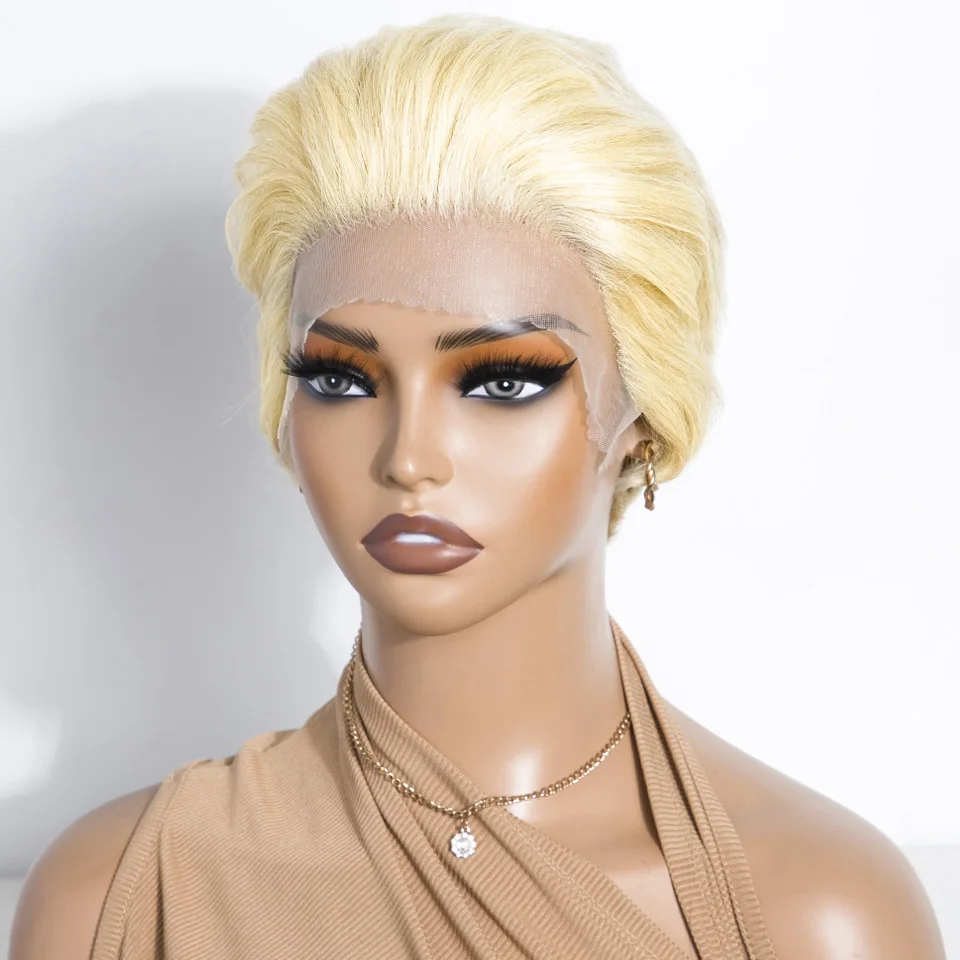 Sleek Short Human Hair Wigs For Women 613 Blonde Pixie Cut Lace Wigs ...