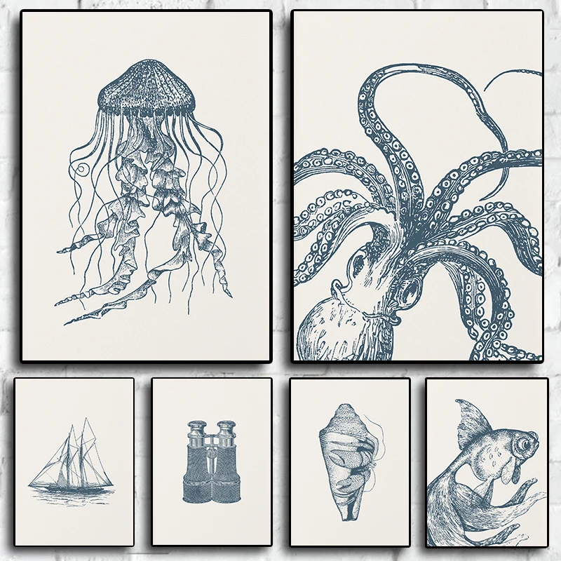 Blue Ocean Sealife Octopus Jellyfish Hermit Crab Nautical Coastal ...