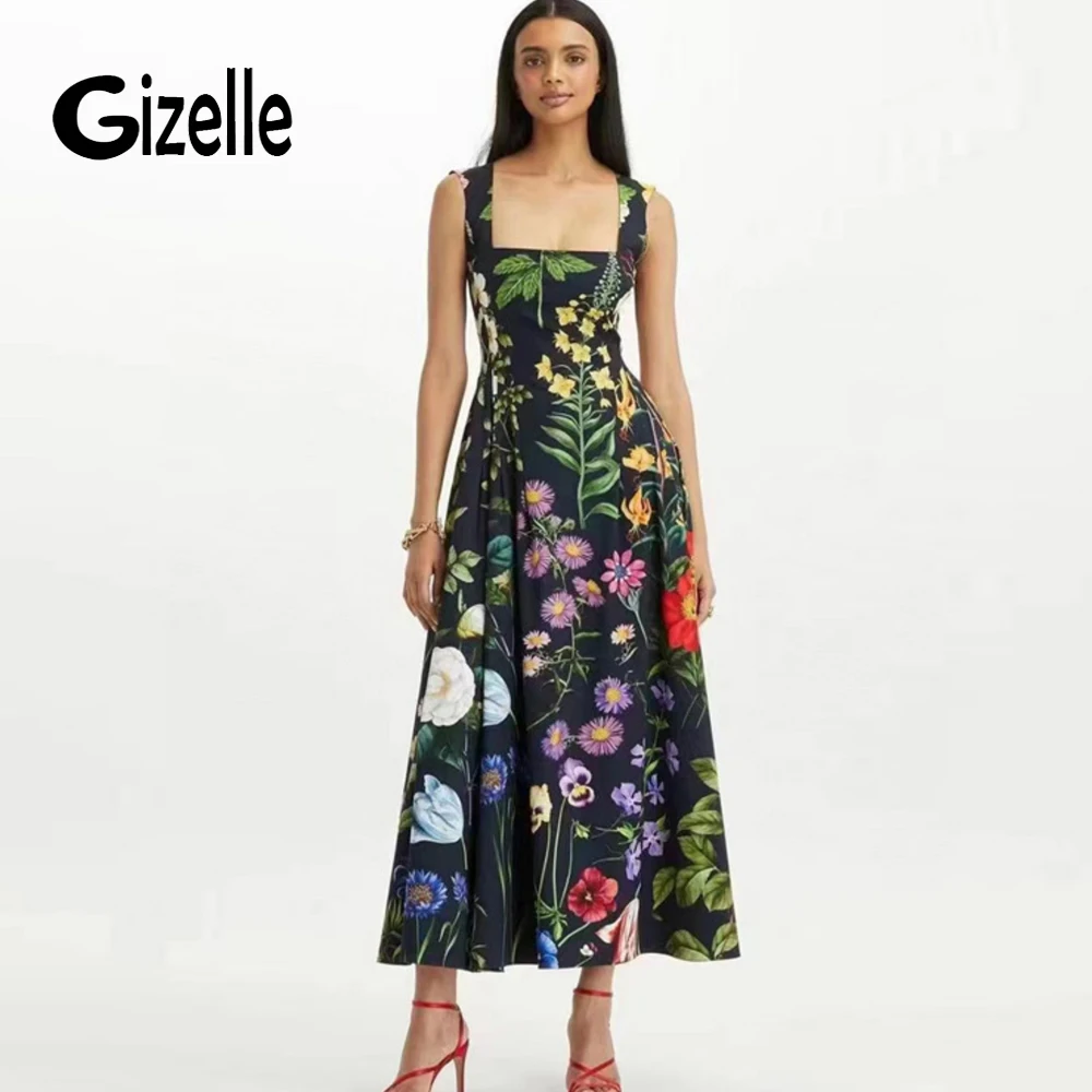 Gizelle 여성용 백리스 블랙 롱 드레스 패션 프린트 멋진 미디 드레스 스파게티 스트랩 스퀘어 칼라 정장 드레스