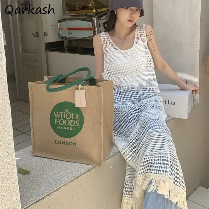 여성용 민소매 드레스 할로우 아웃 심플 올 매치 디자인 캐주얼 한국 스타일 우아한 미디 레트로 여름 스트리트웨어