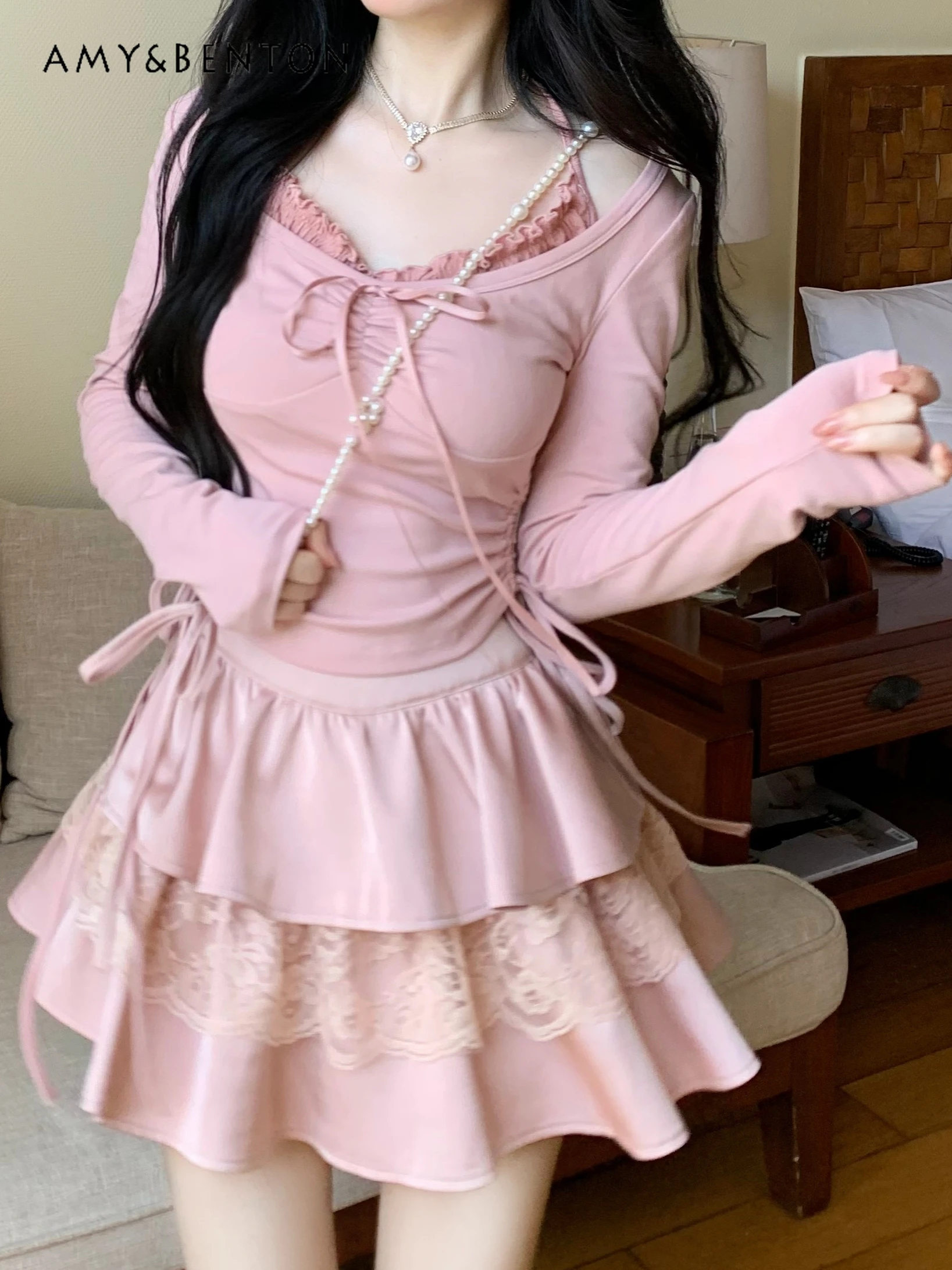 Preppy-Style-Sweet-Cute-Bowk-Halterneck-Stitching-Long-Sleeve-Y2K-Top ...