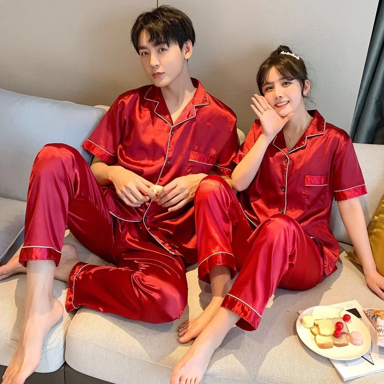 Ice-Silk-Satin-Couples-Pajamas-Thin-New-Women-Men-Two-piece-Plus-Size-M ...