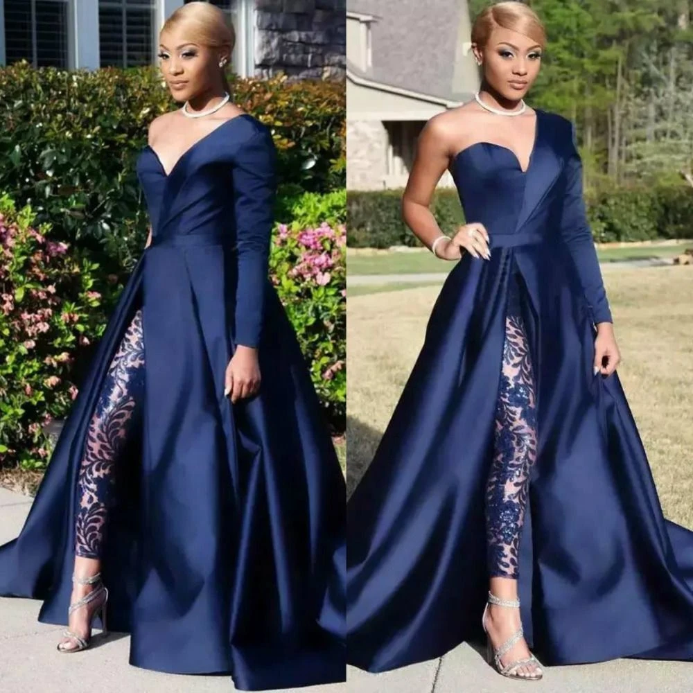 2019 Modest Blue Jumpsuits Prom Dresses Detachable Skirt Two Pieces ...