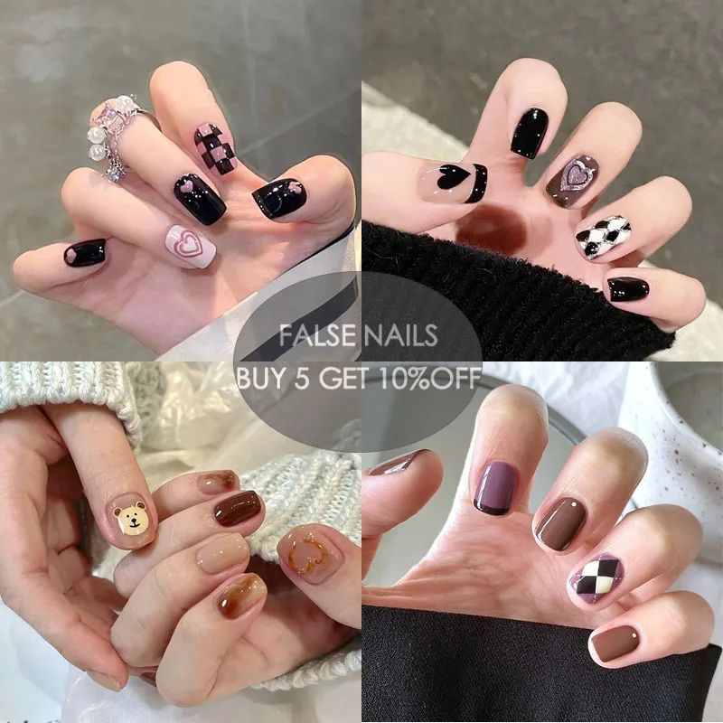 24pcs French Short Fake Nails Press on Rhinestone Design French ...