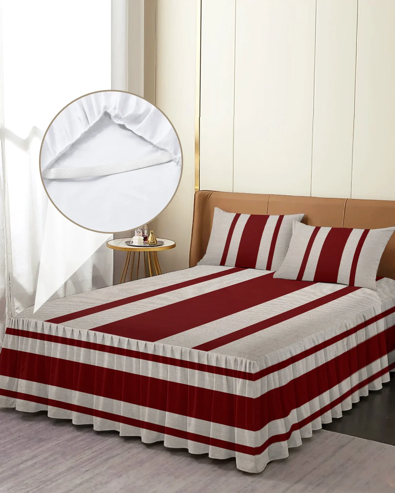Vintage-Stripe-Texture-Red-Bed-Skirt-Elastic-Fitted-Bedspread-With ...