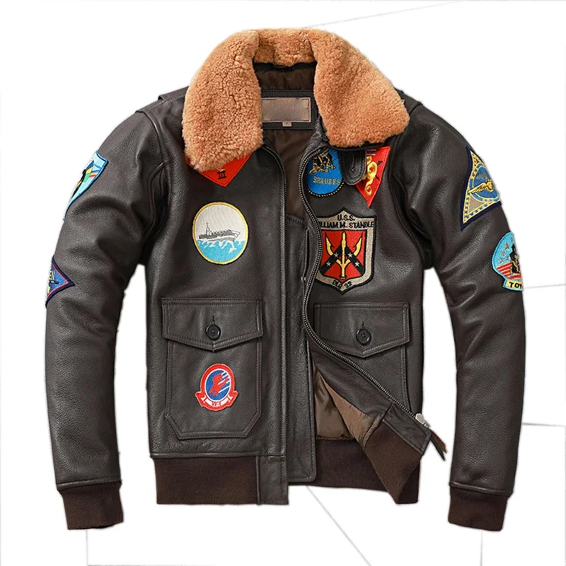 Embroidery-Aviator-Bomber-G1-Flight-Jacket-Cowhide-Leather-Coat-Men-Air ...