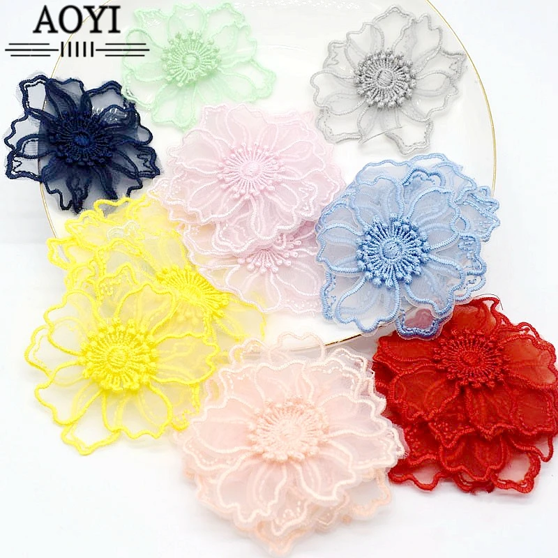 6.5cm High Quality Organza Embroidery Lace Patch Trim Clothes 3D Flower Wedding Dress DIY Sew On ...