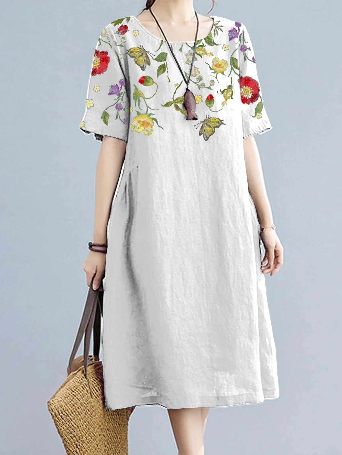 Women's Floral Print Fashion Short Sleeve Elegant Casual Loose Midi Dress